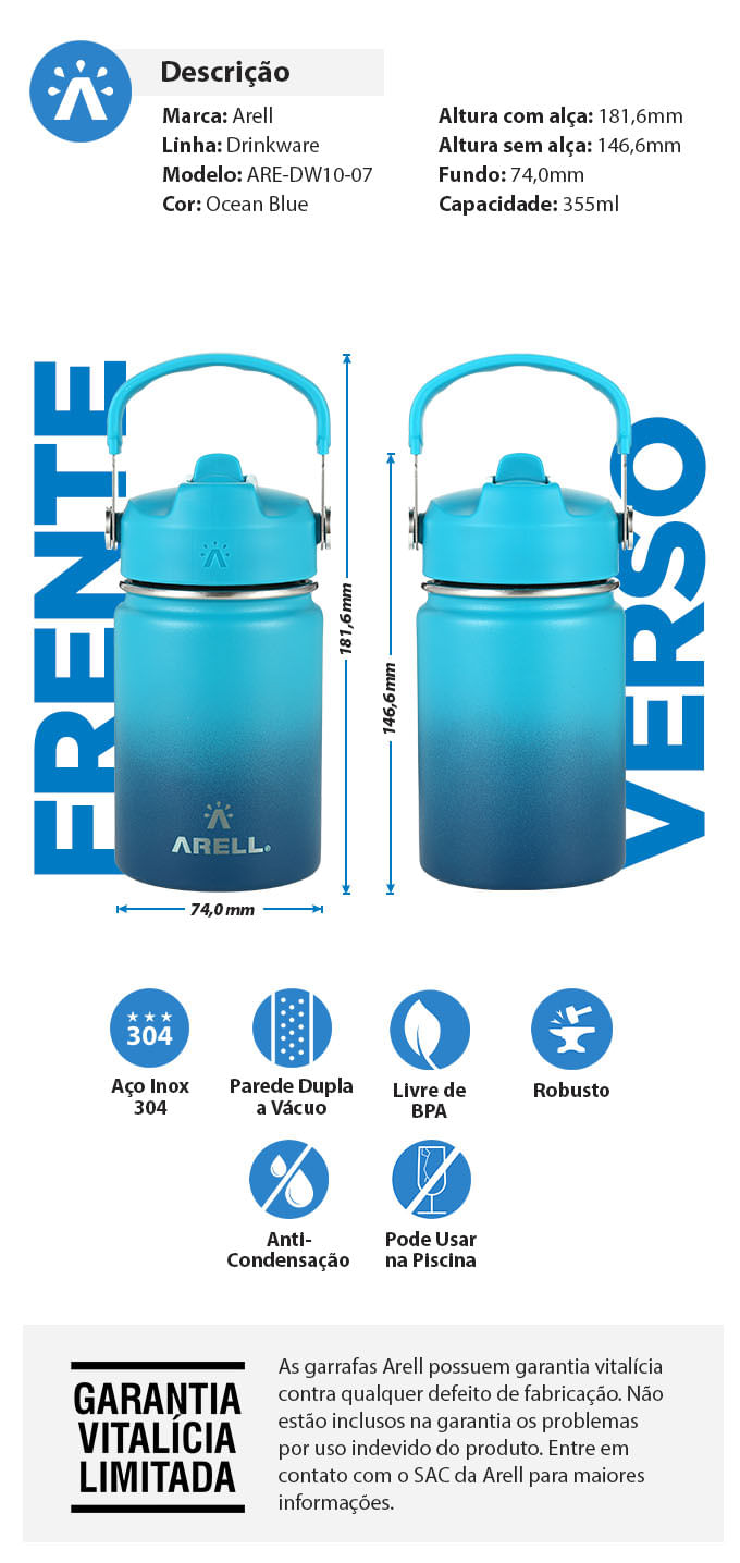 Garrafa Térmica Vácuo Straw Flask Arell 355ml Ocean Blue - Arell