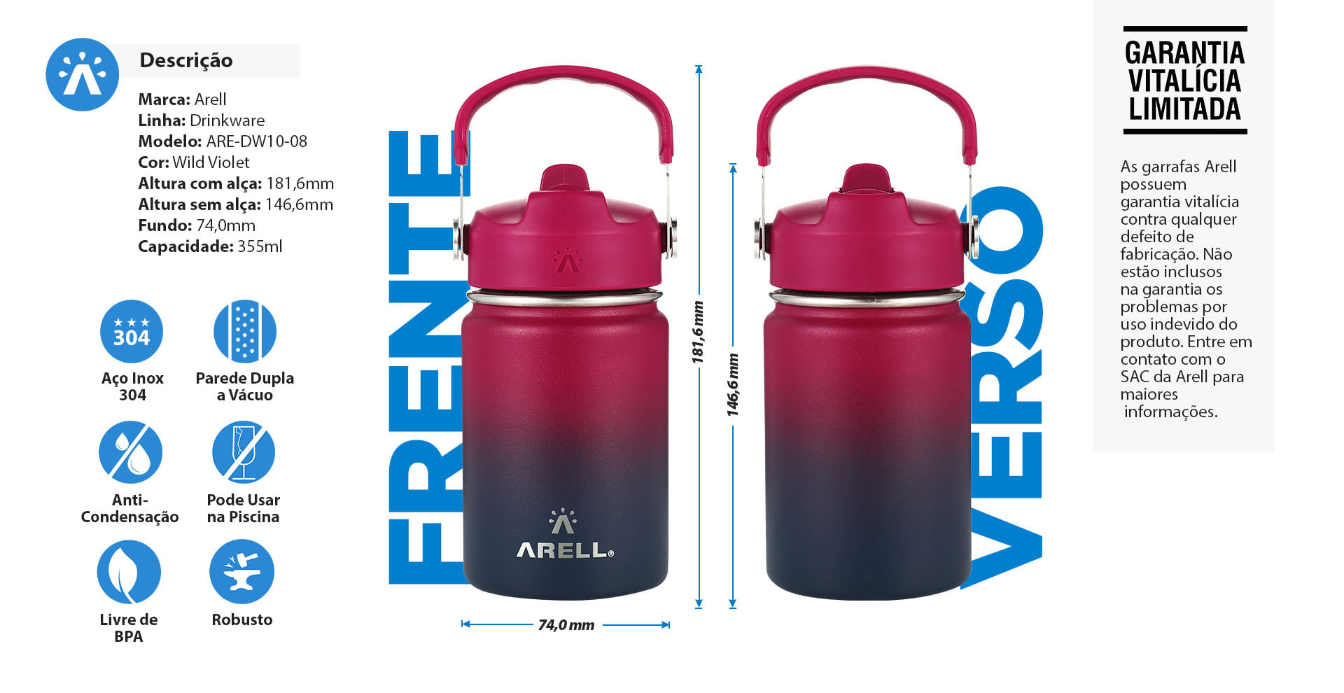 Garrafa Térmica Vácuo Straw Flask Arell 355ml Wild Violet - Arell