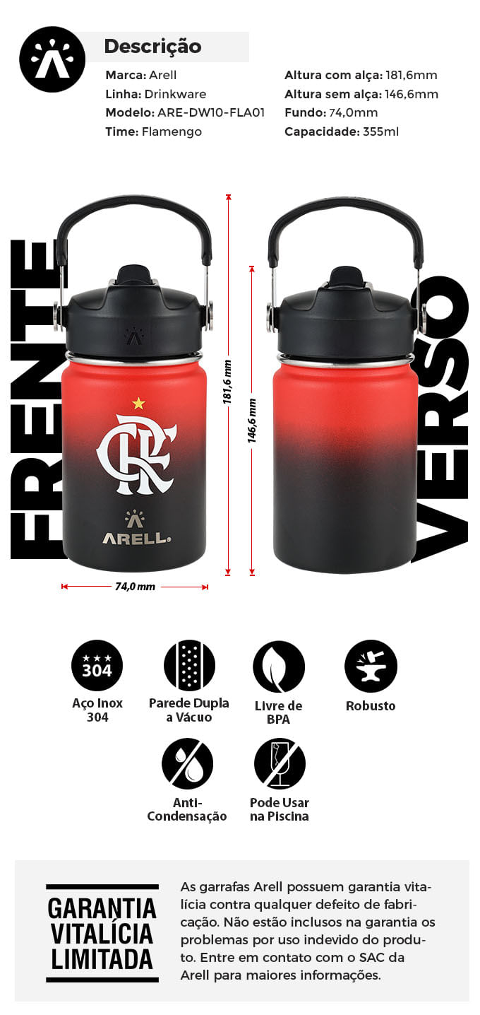 Garrafa Térmica Vácuo Straw Flask Arell 355ml Flamengo 01 - Arell