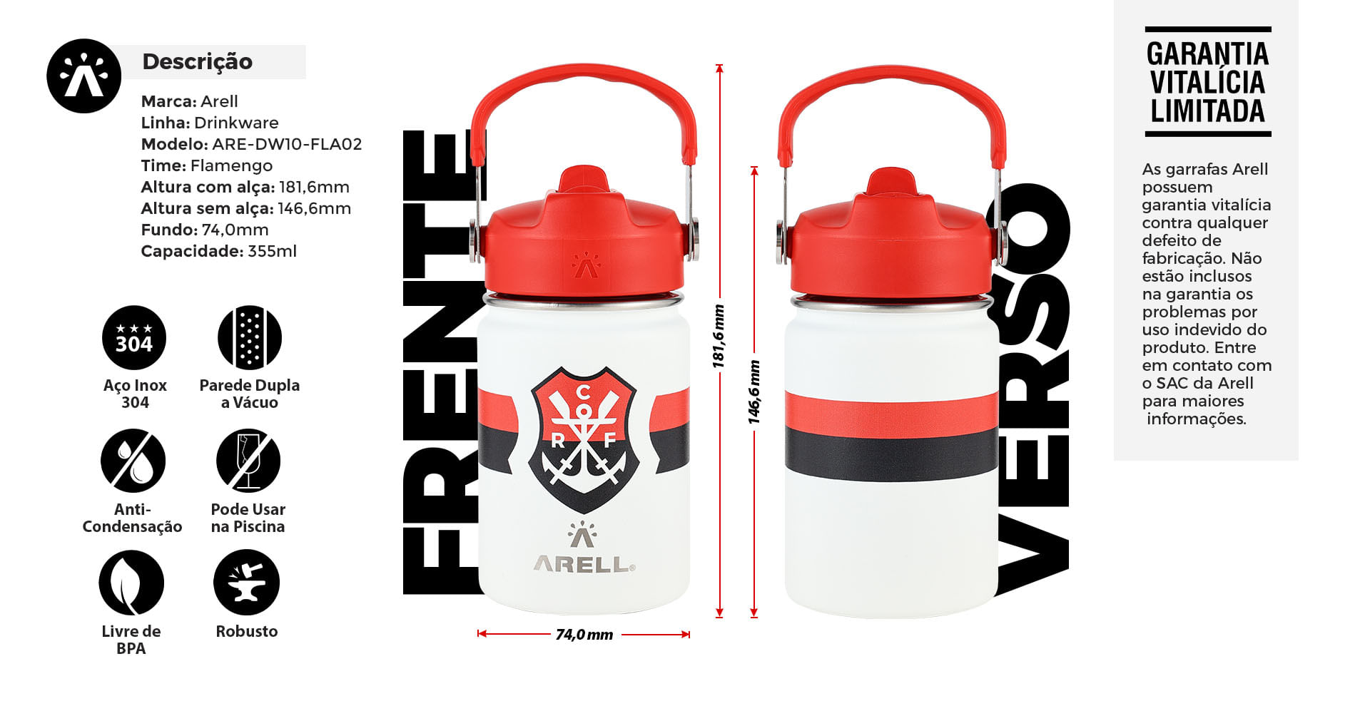 Garrafa Térmica Vácuo Straw Flask Arell 355ml Flamengo 02 - Arell