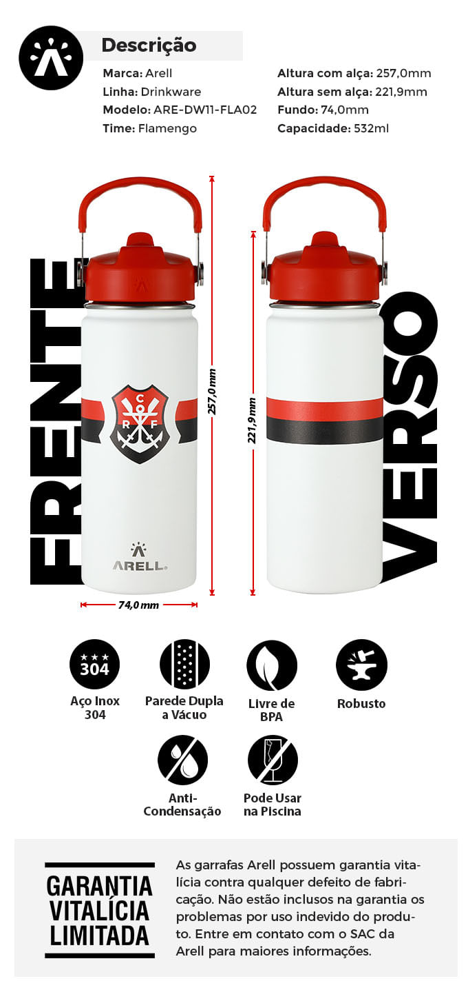 Garrafa Térmica Vácuo Straw Flask Arell 532ml Flamengo 02 - Arell