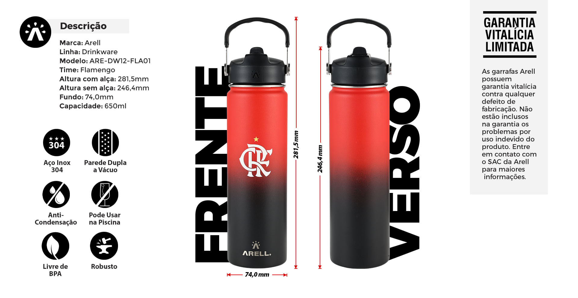 Garrafa Térmica Vácuo Straw Flask Arell 650ml Flamengo 01 - Arell
